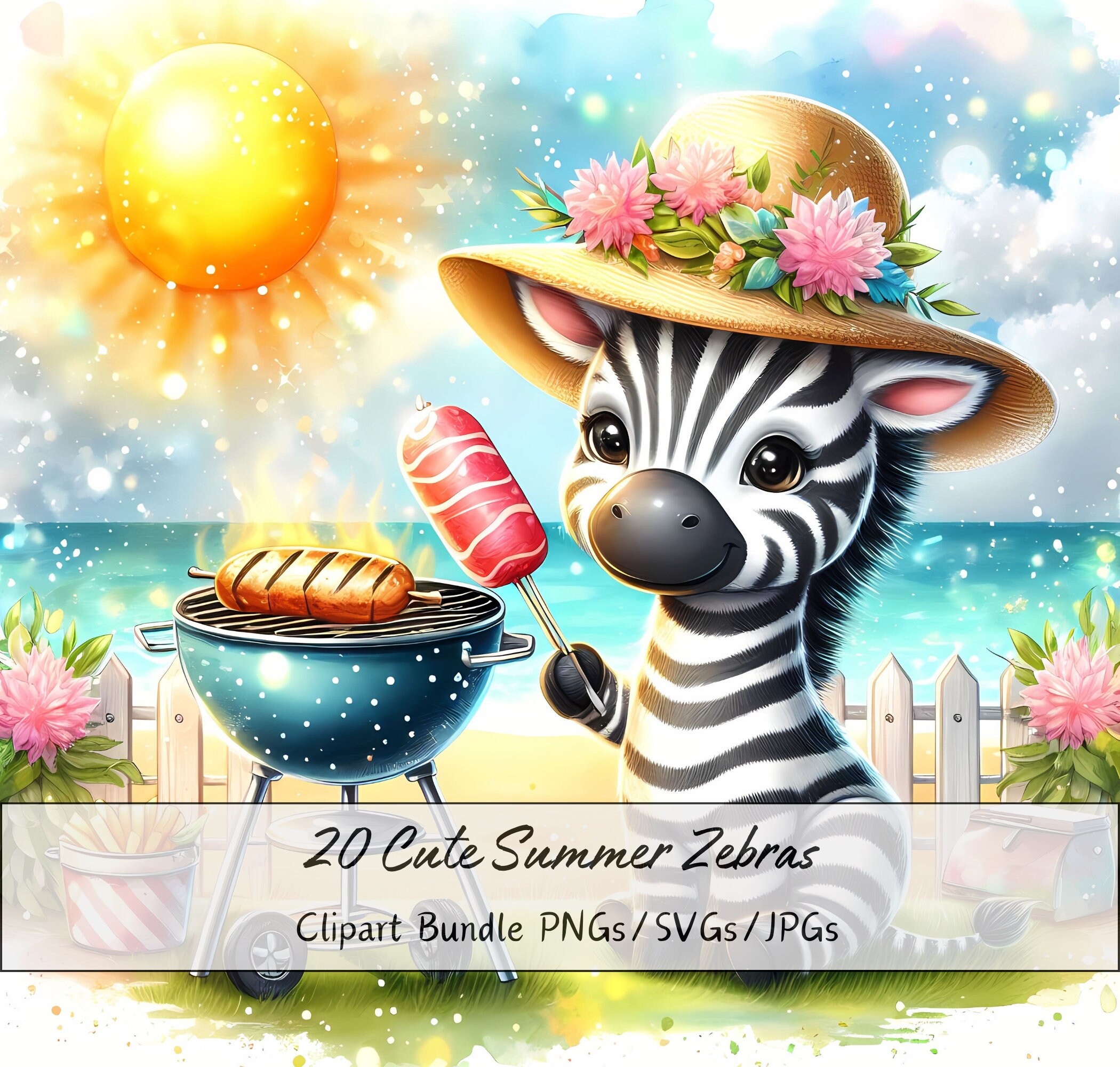Cute Summer Zebras Clipart Bundle, Watercolor Zebra Clip Art Images ...