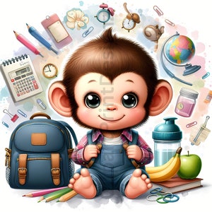 Cute Back to School Moneys Clipart Bundle, Watercolor Monkey Clip Art ...