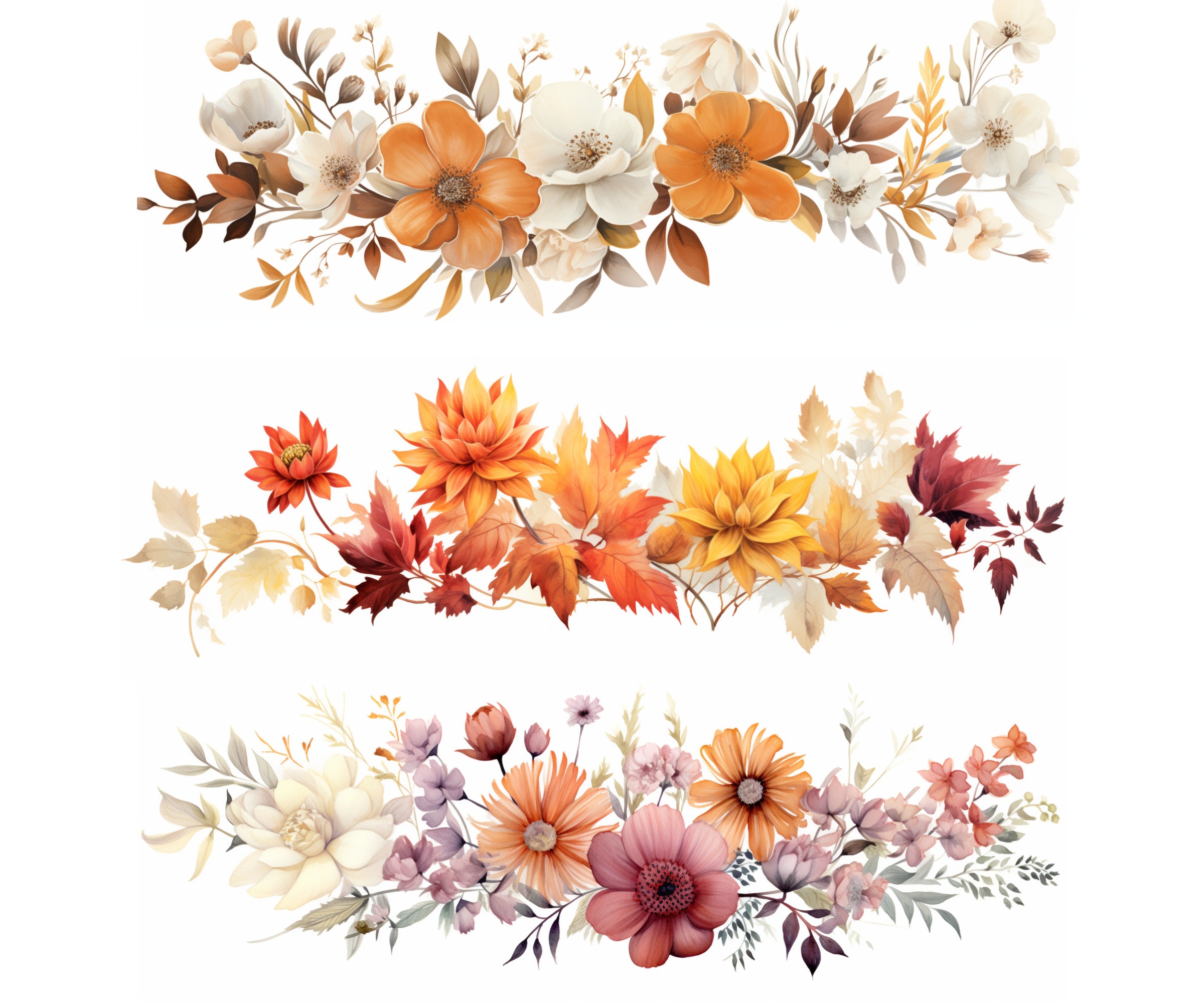 Watercolor Fall Flower Borders, 20 Pngs/jpgs/svgs, Autumn Flowers ...
