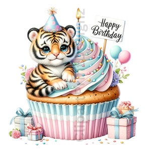 Cute Animals in Happy Birthday Cupcakes Clipart Bundle, Watercolor Clip ...
