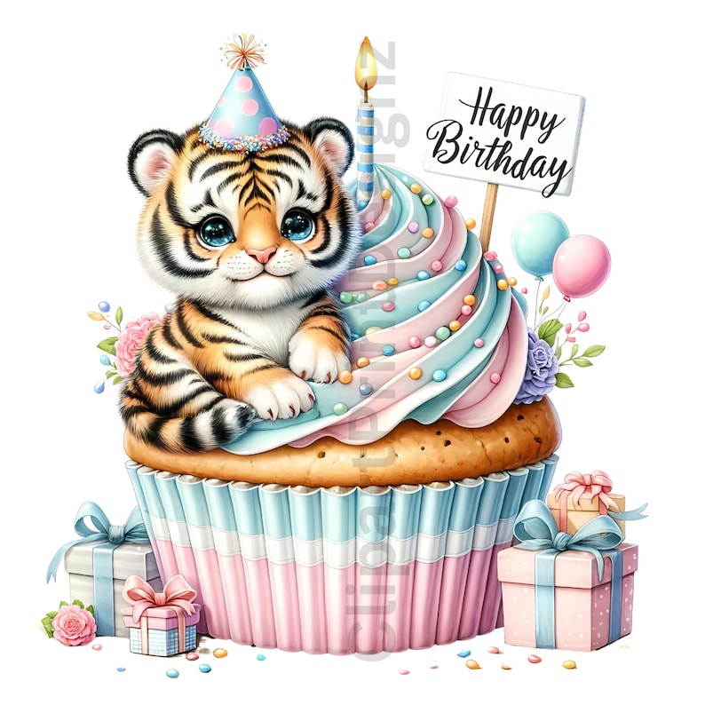 Cute Animals in Happy Birthday Cupcakes Clipart Bundle, Watercolor Clip ...