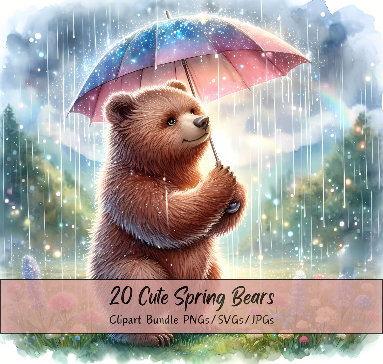 Cute Spring Bears Clipart Bundle, Watercolor Clip Art Images, High ...