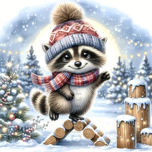 Cute Winter Raccoon Clipart Bundle, Festive Watercolor Clip Art Images ...