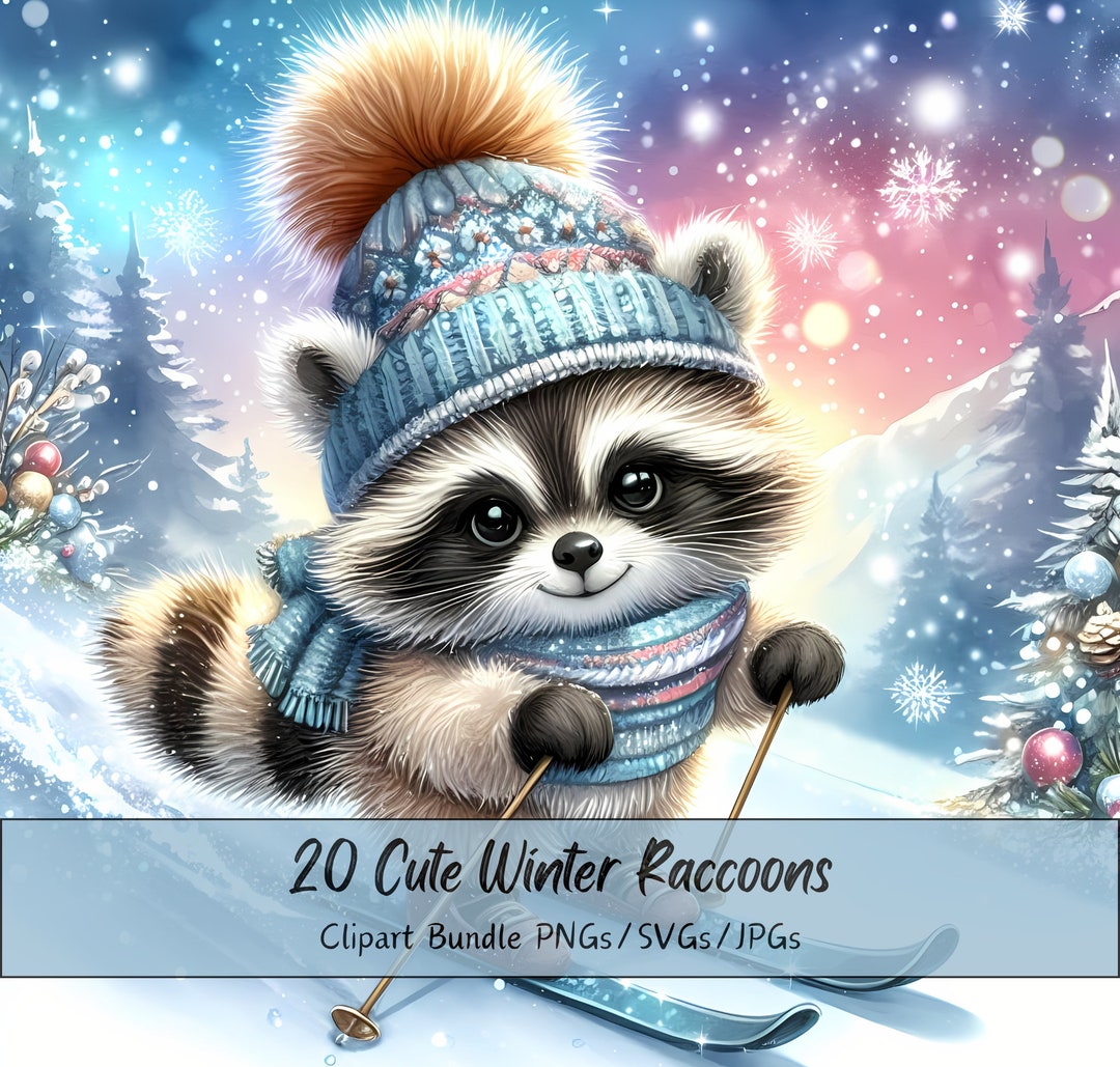 Cute Winter Raccoon Clipart Bundle, Festive Watercolor Clip Art Images ...
