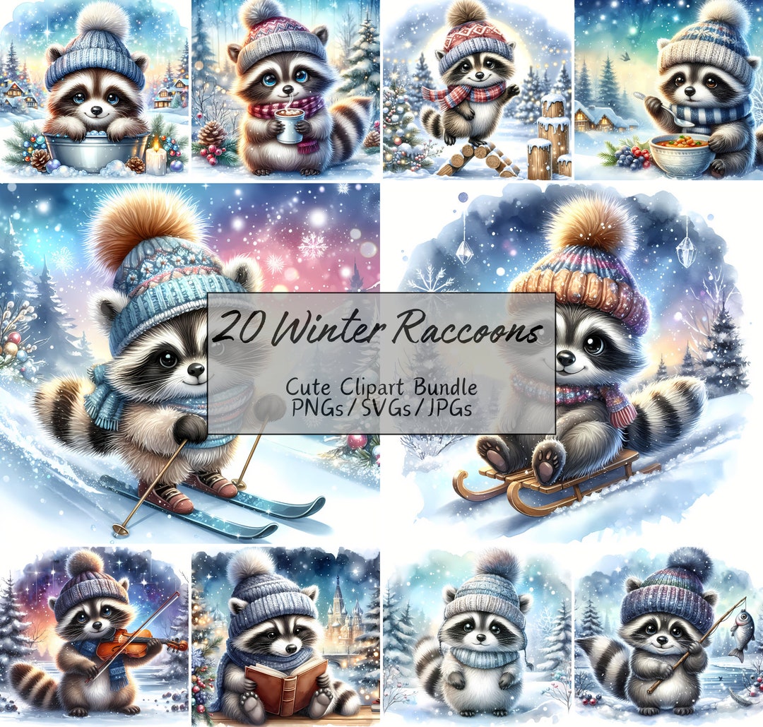 Cute Winter Raccoon Clipart Bundle, Festive Watercolor Clip Art Images ...