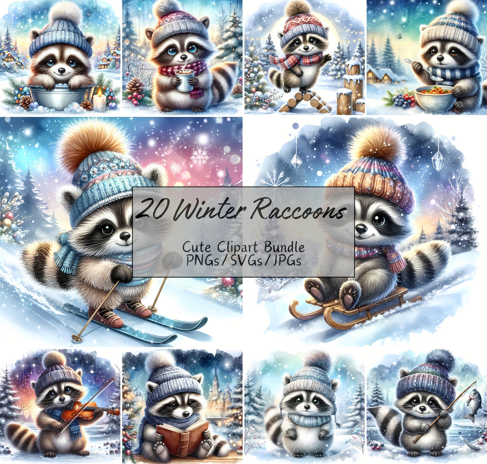 Cute Winter Raccoon Clipart Bundle, Festive Watercolor Clip Art Images ...