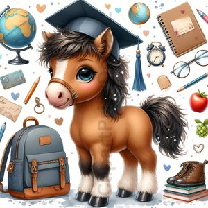 Cute Back to School Horses Clipart Bundle, Watercolor Horse Clip Art ...