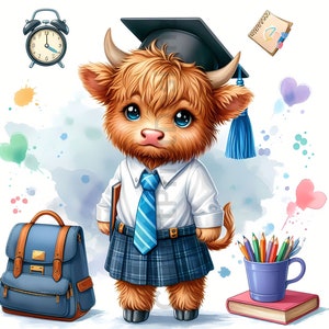 Cute Back to School Highland Cows Clipart Bundle, Watercolor Cow Clip ...