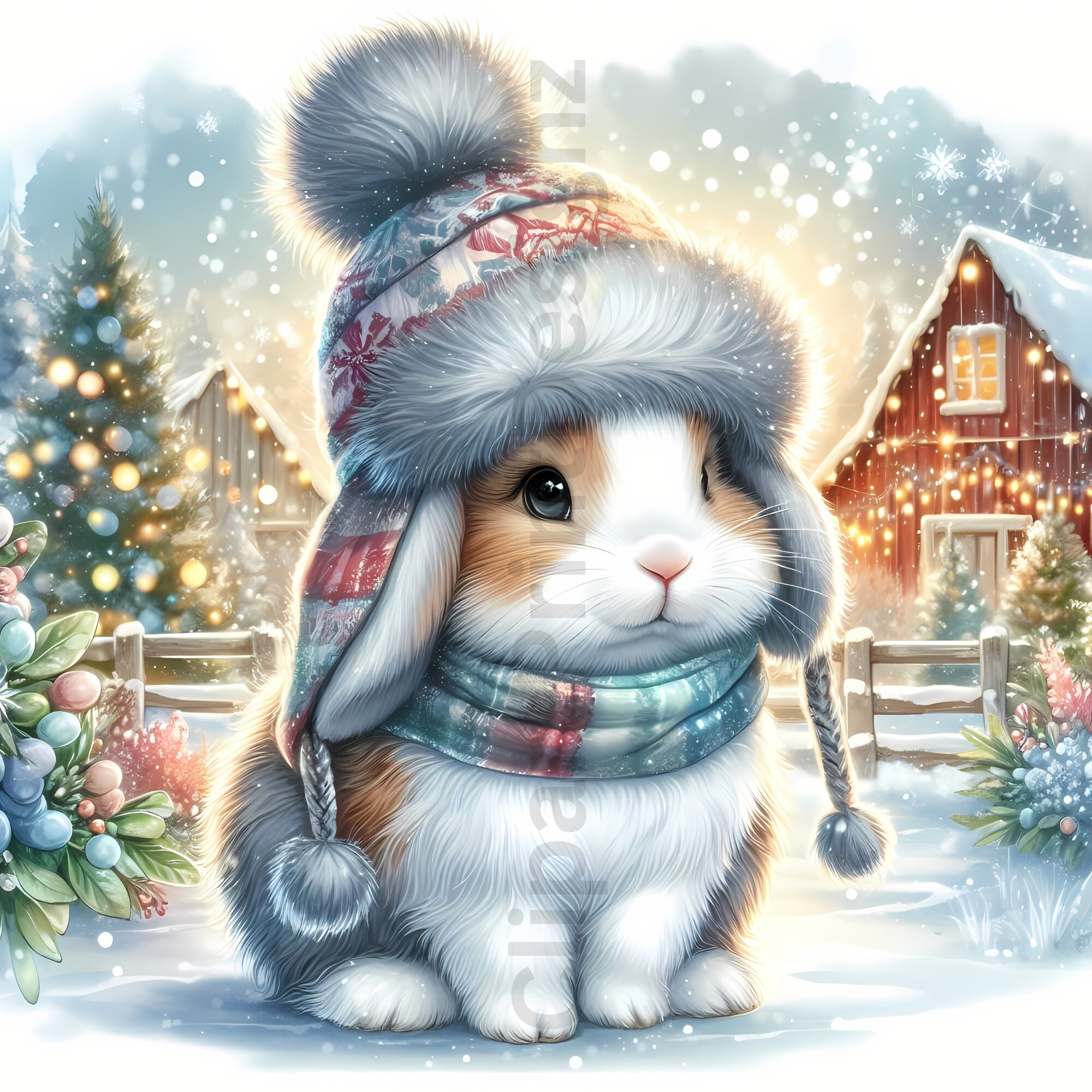 Cute Winter Farm Animals Clipart Bundle, Festive Watercolor Clip Art ...