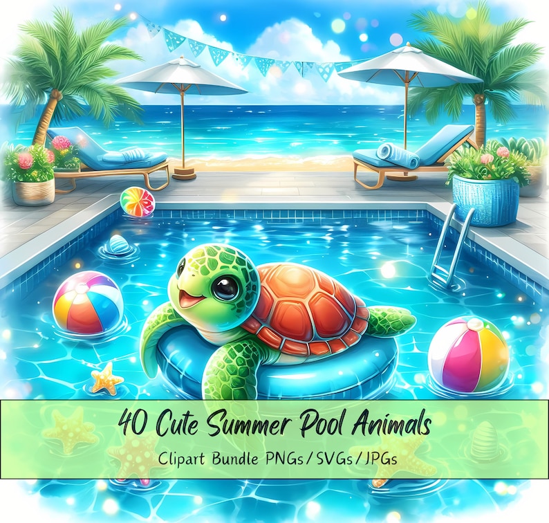 Cute Summer Pool Animals Clipart Bundle, Watercolor Sun Clip Art Images ...