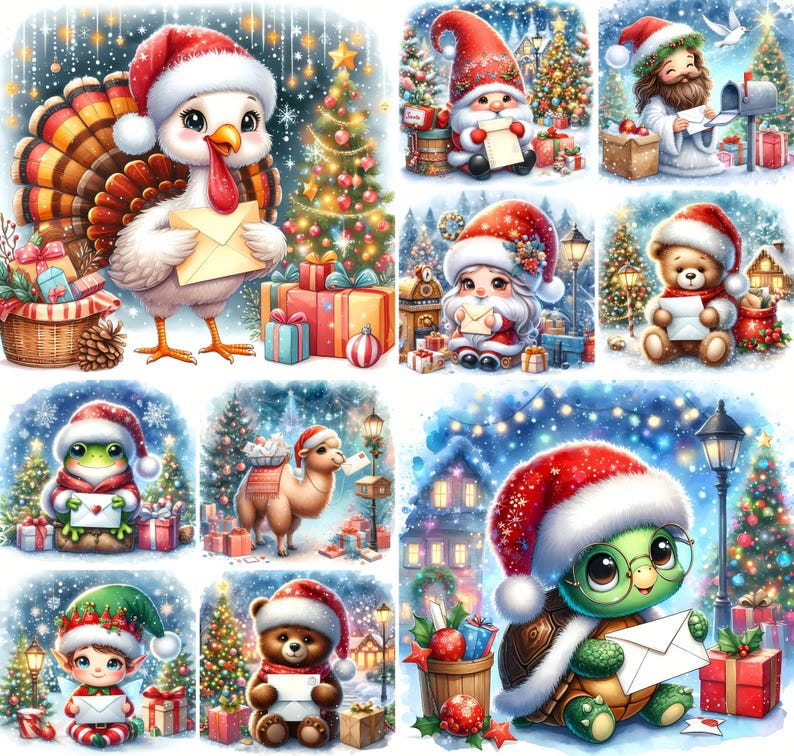 Cute Christmas Card Creatures Clipart Bundle, Xmas Clip Art Images ...