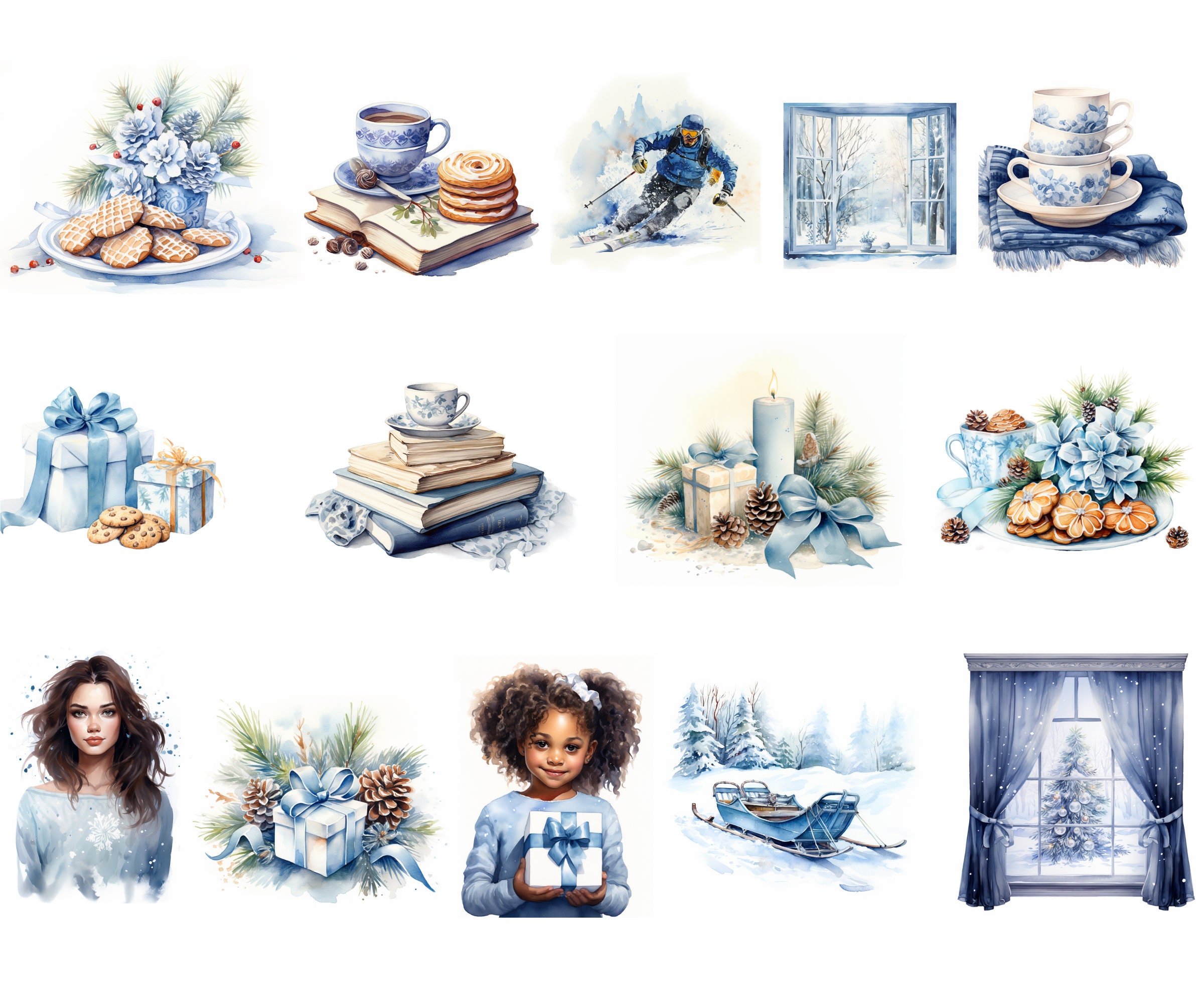 Cozy Winter Clipart Bundle, Blue Winter, Cute Watercolor Christmas ...