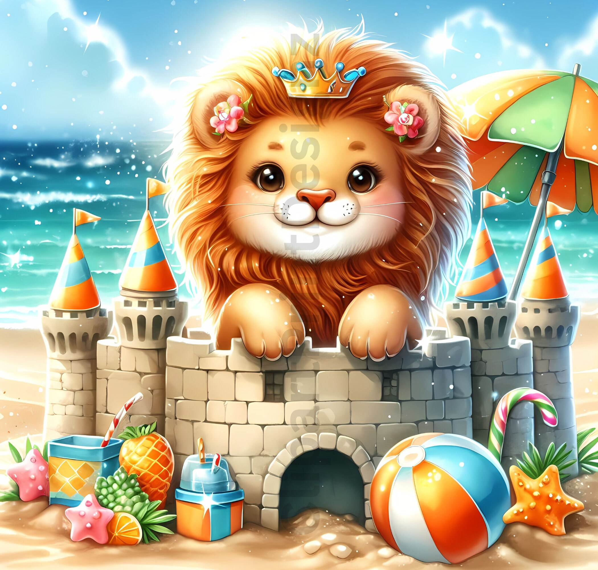 Cute Summer Sandcastle Animals Clipart Bundle, Watercolor Ocean Clip ...