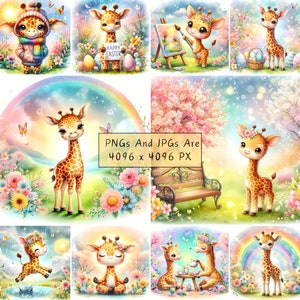 Cute Spring Giraffes Clipart Bundle, Watercolor Clip Art Images, High ...