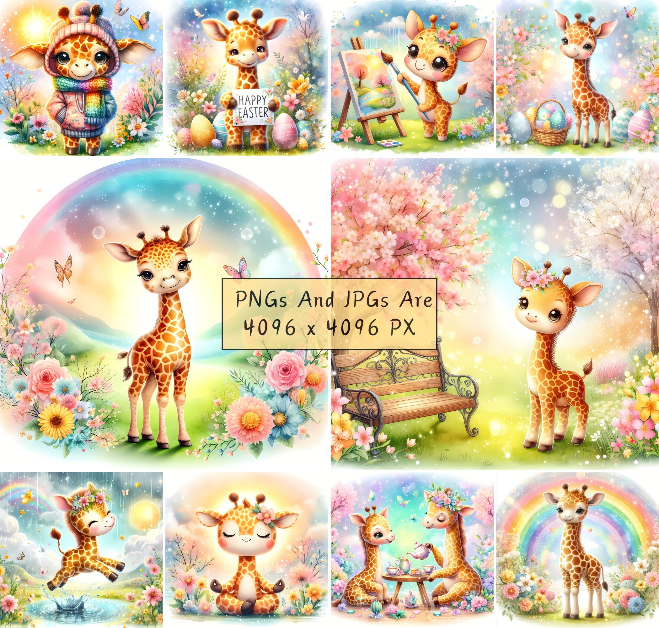 Cute Spring Giraffes Clipart Bundle, Watercolor Clip Art Images, High ...