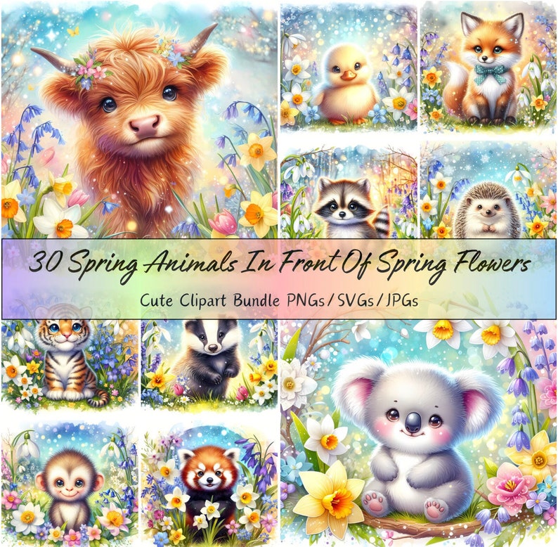 Mega Cute Spring Animals and Flowers Clipart Bundle, Watercolor Clip ...