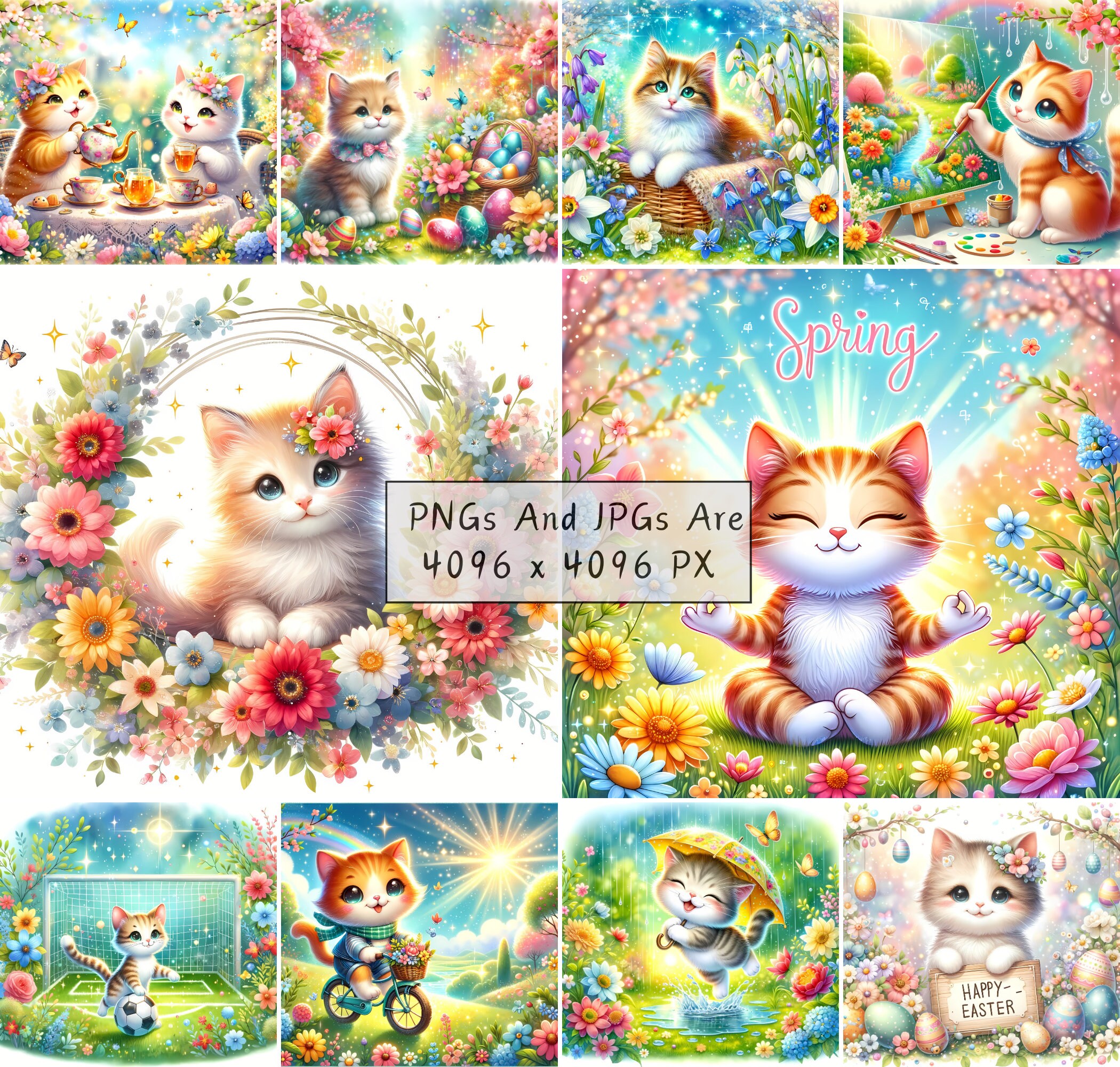 Cute Spring Cats Clipart Bundle, Watercolor Clip Art Images, 20 High ...