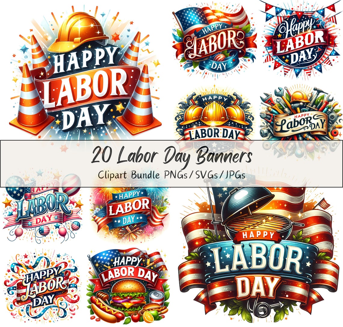 Happy Labor Day Banners Clipart Bundle, Watercolor Clip Art Images ...