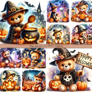 Cute Halloween Teddy Bears Clipart Bundle, Watercolor Bear Clip Art ...