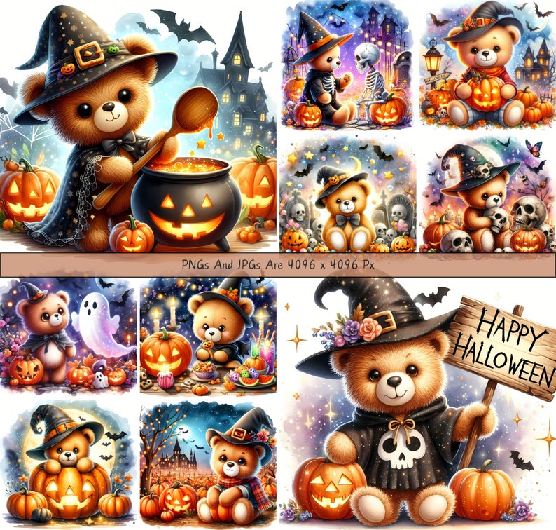 Cute Halloween Teddy Bears Clipart Bundle, Watercolor Bear Clip Art ...