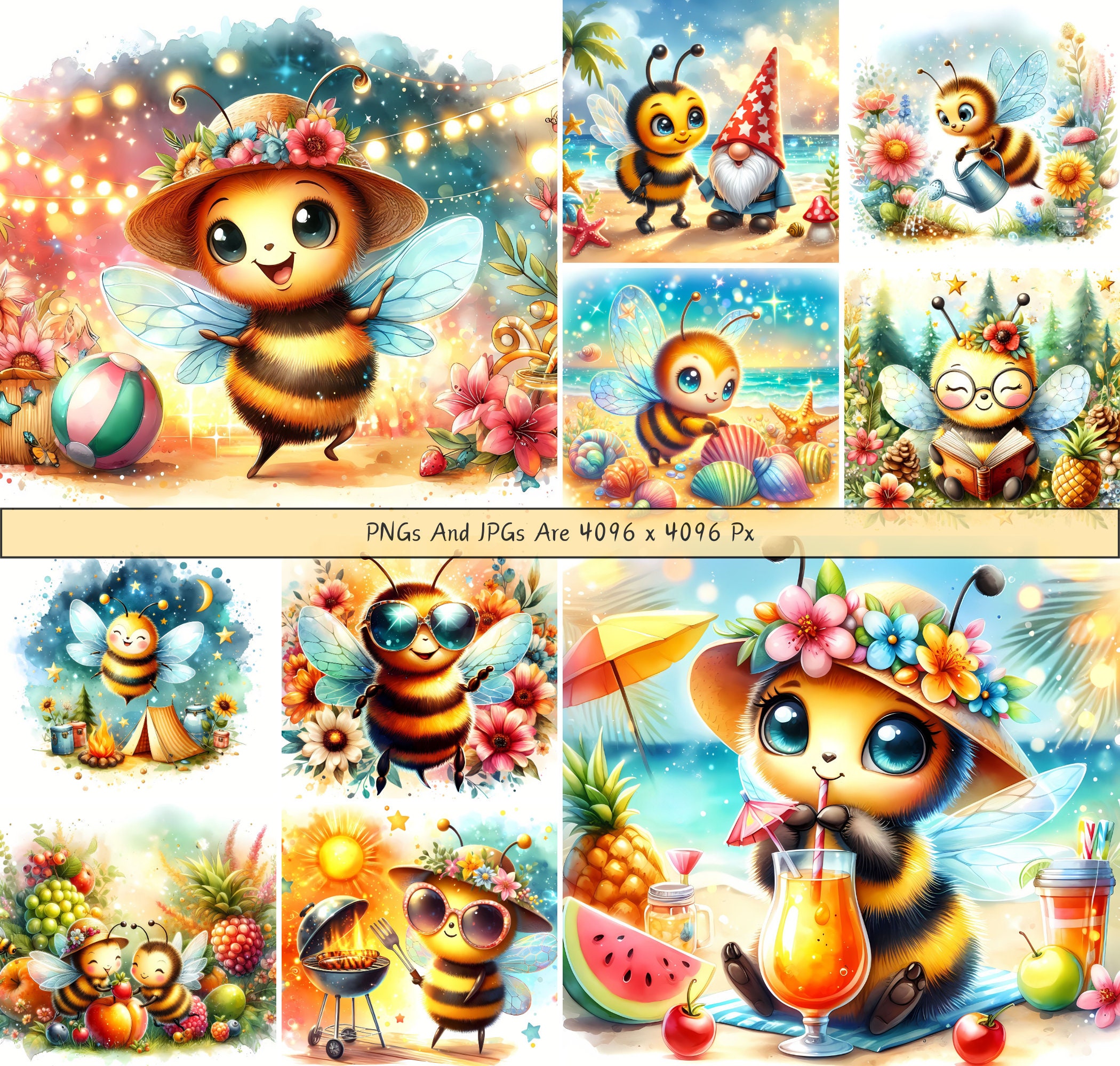 Cute Summer Bees Clipart Bundle, Watercolor Bee Clip Art Images, High ...