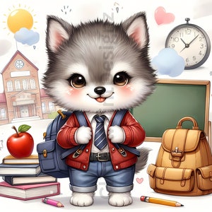Cute Back to School Wolves Clipart Bundle, Watercolor Wolf Clip Art ...