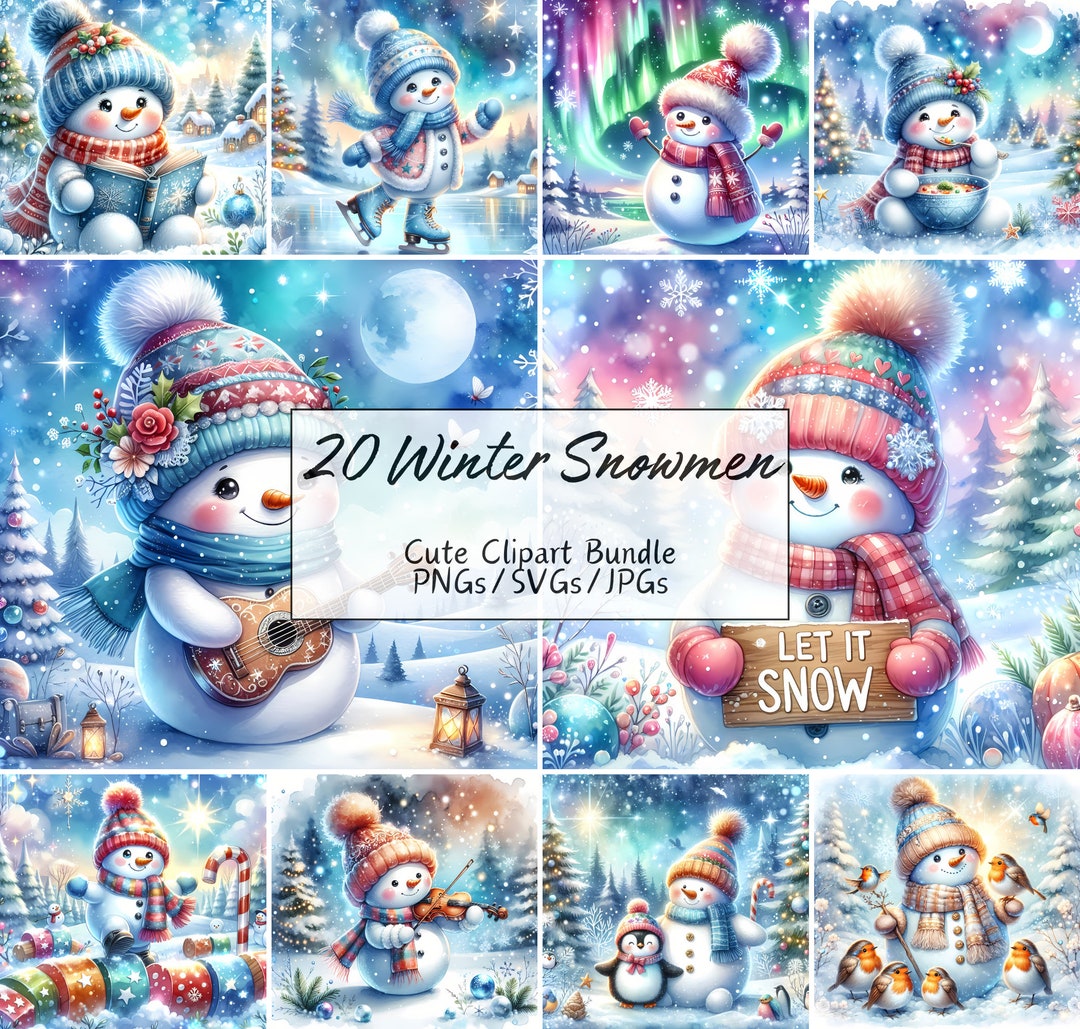 Cute Winter Snowman Clipart Bundle, Watercolor Clip Art Images, 20 High ...