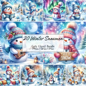 Cute Winter Snowman Clipart Bundle, Watercolor Clip Art Images, 20 High ...