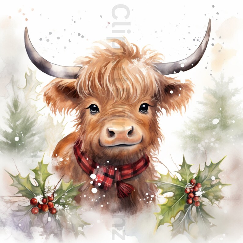 Cute Watercolor Highland Cows, Christmas Clipart Bundle, 11 Baby ...