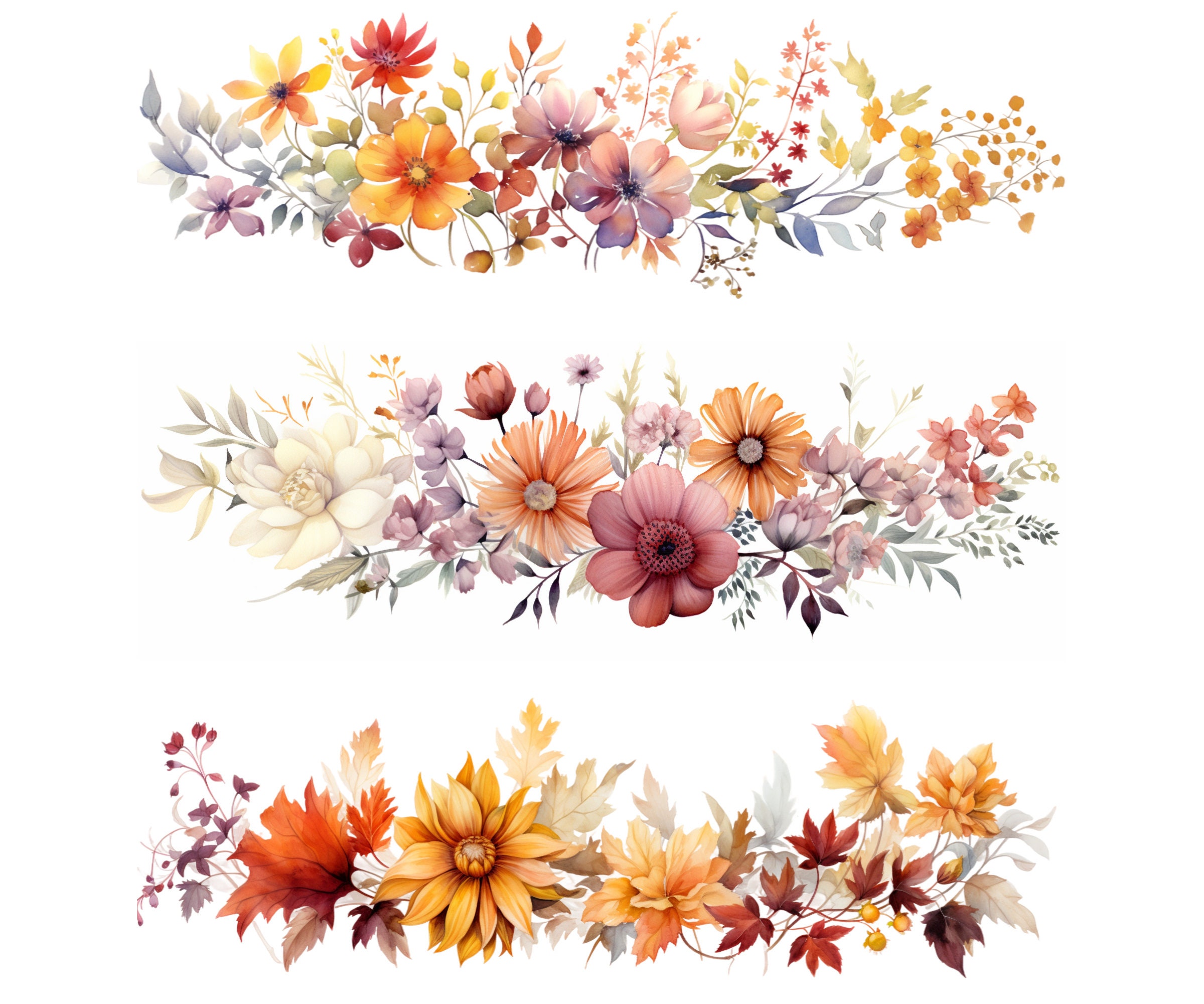 Watercolor Fall Flower Borders, 20 Pngs/jpgs/svgs, Autumn Flowers ...