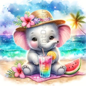 Cute Summer Elephants Clipart Bundle, Watercolor Elephant Clip Art ...
