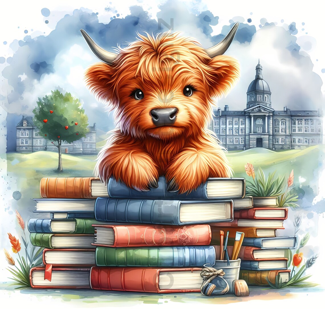 Cute Back to School Highland Cows Clipart Bundle, Watercolor Cow Clip ...