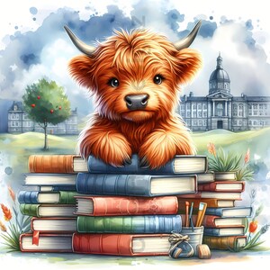 Cute Back to School Highland Cows Clipart Bundle, Watercolor Cow Clip ...