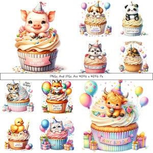 Cute Animals in Happy Birthday Cupcakes Clipart Bundle, Watercolor Clip ...