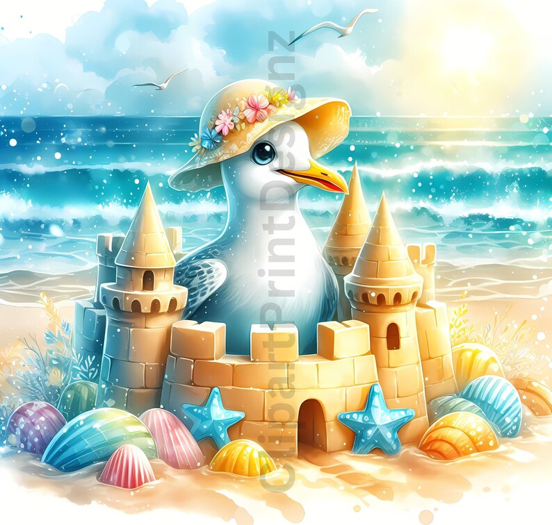 Cute Summer Sandcastle Animals Clipart Bundle, Watercolor Ocean Clip ...