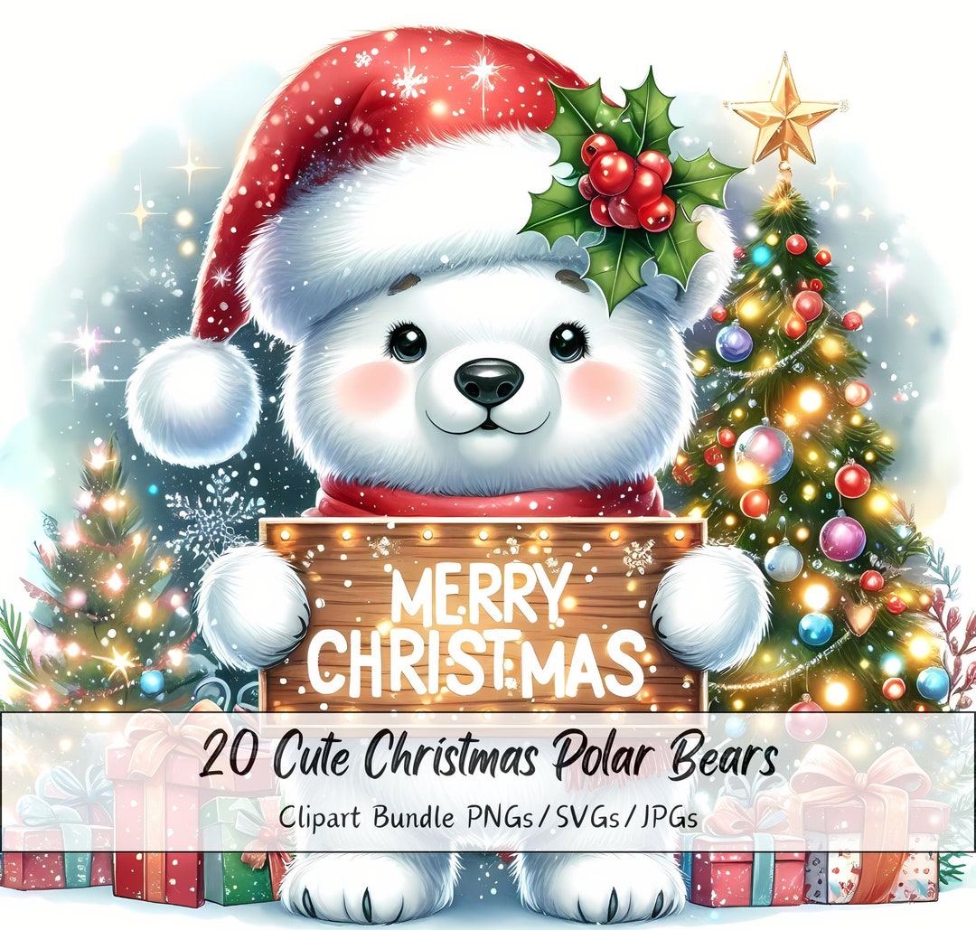 Cute Christmas Polar Bears Clipart Bundle, Xmas Bear Clip Art Images ...