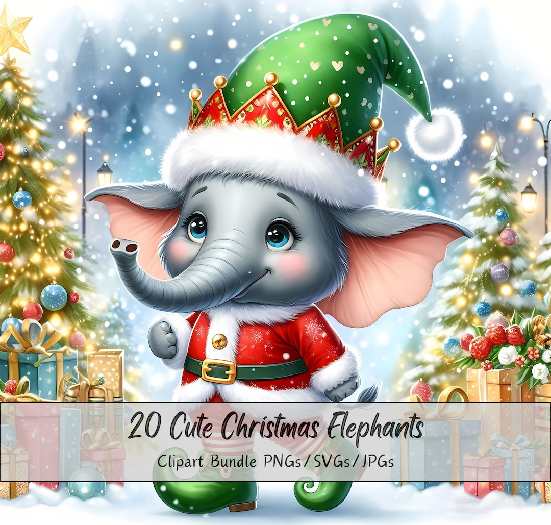 Cute Christmas Elephants Clipart Bundle, Xmas Elephant Clip Art Images ...