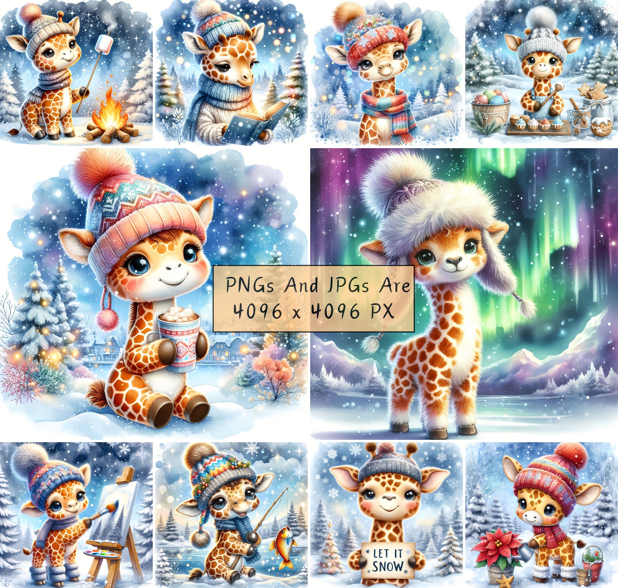 Cute Winter Giraffe Clipart Bundle, Festive Watercolor Clip Art Images ...