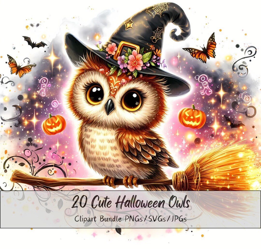 Cute Halloween Owls Clipart Bundle, Watercolor Owl Clip Art Images ...