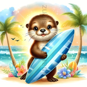 Cute Summer Otters Clipart Bundle, Watercolor Otter Clip Art Images ...