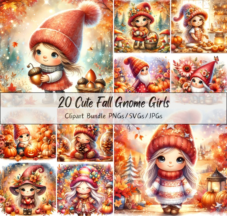 Cute Fall Gnome Girls Clipart Bundle, Watercolor Gnome Girl Clip Art ...