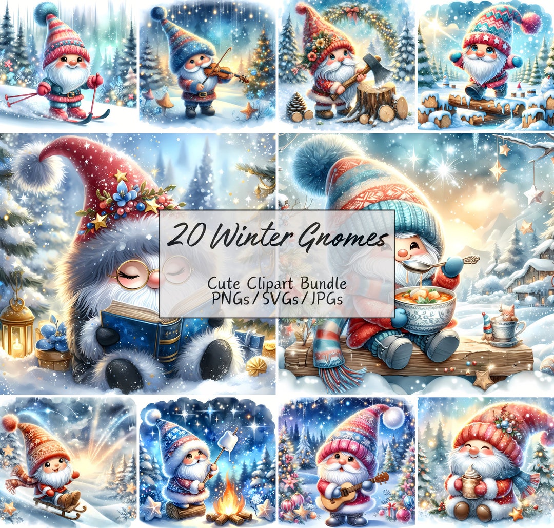 Festive Winter Gnomes Clipart Bundle, Cute Watercolor Gnome Clip Art ...