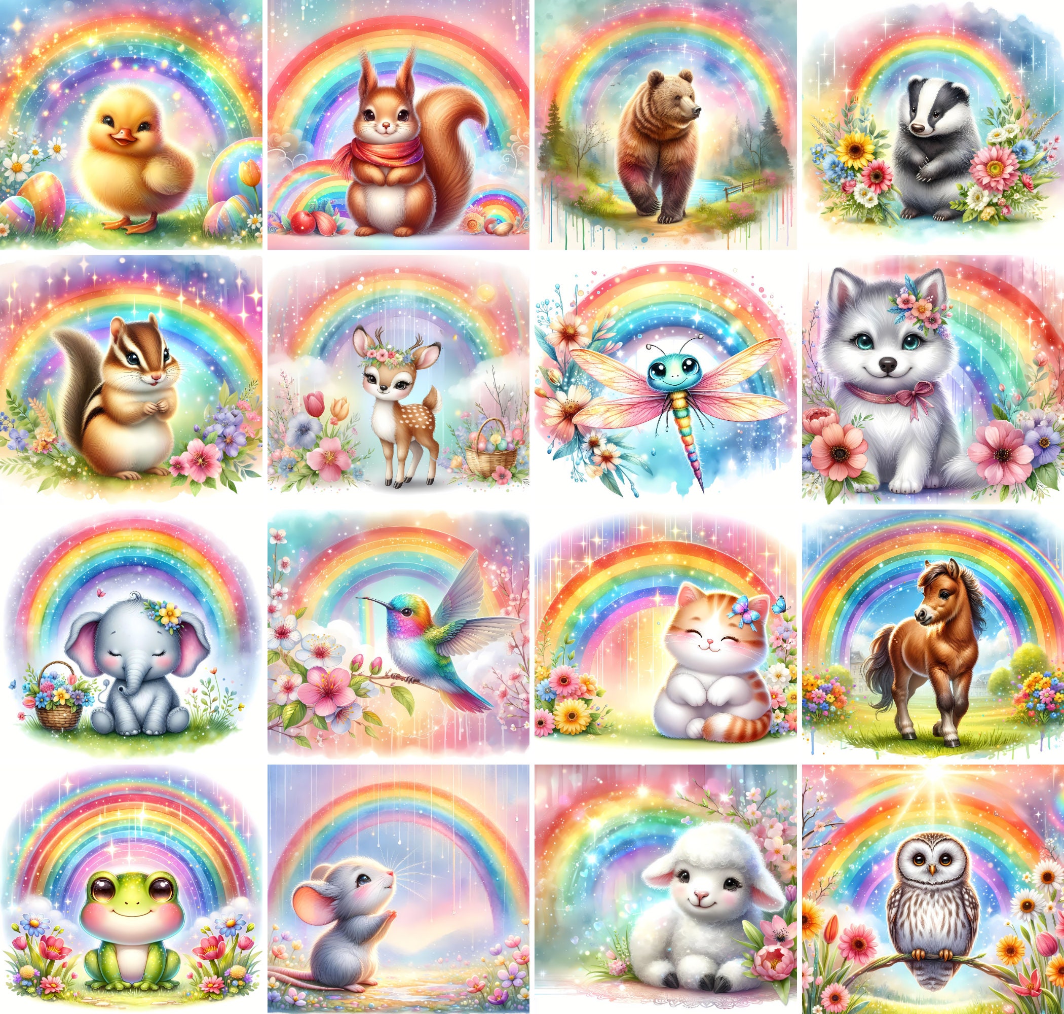 Cute Spring Animals and Rainbows Clipart Bundle, Watercolor Clip Art ...