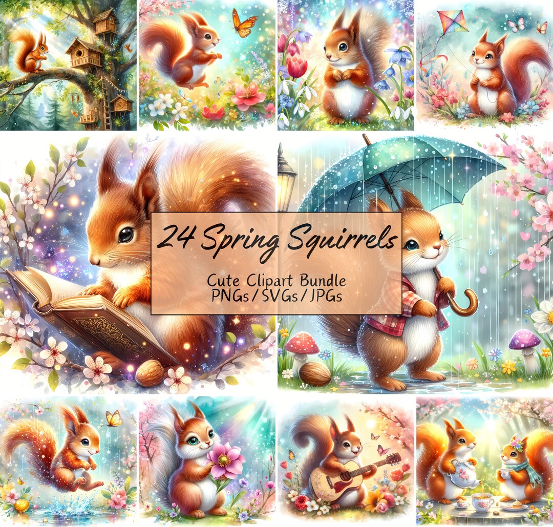 Cute Spring Squirrels Clipart Bundle, Watercolor Clip Art Images, 24 ...
