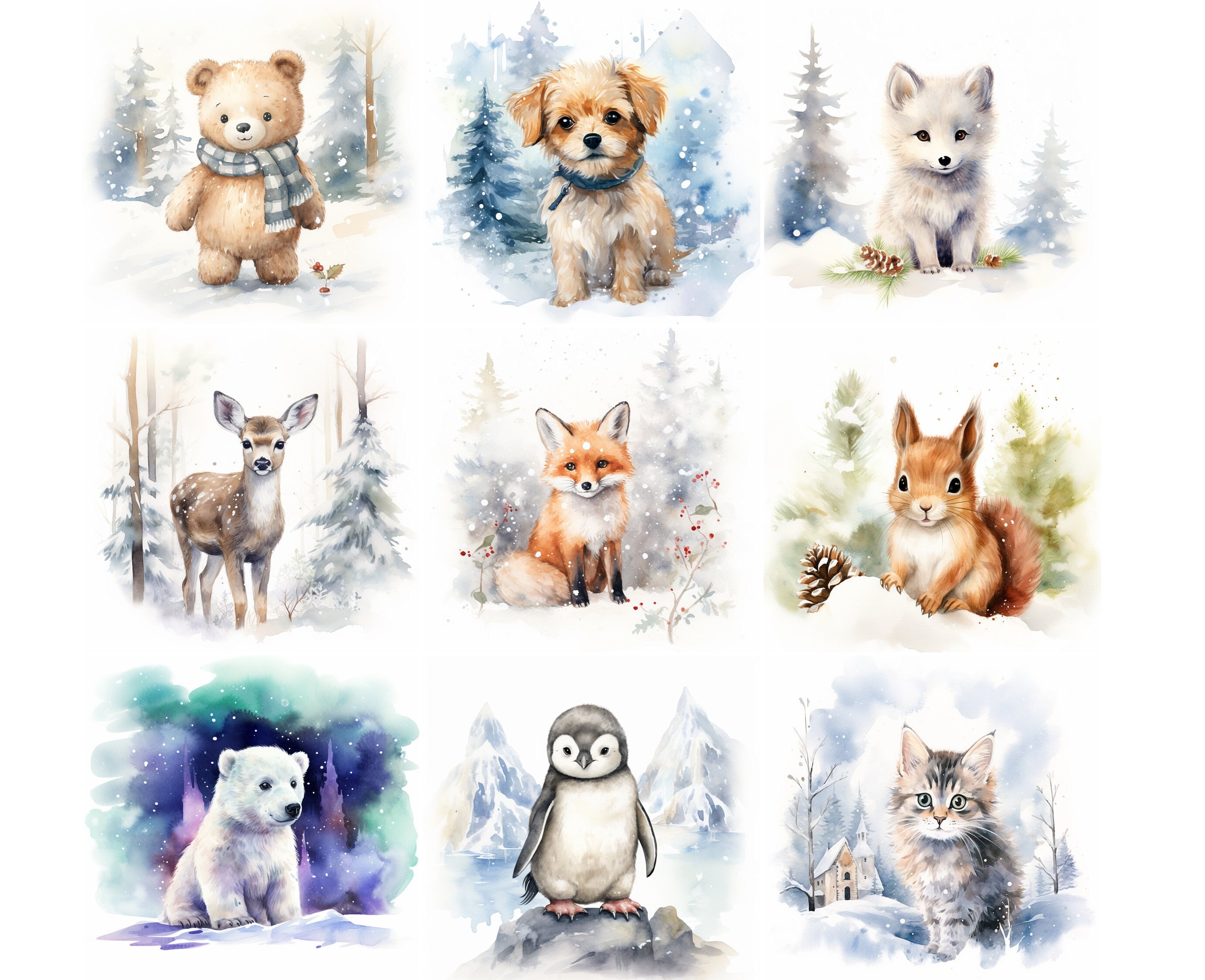 20 Cute Baby Winter Animals Clipart Bundle, Watercolor Animals, Digital ...