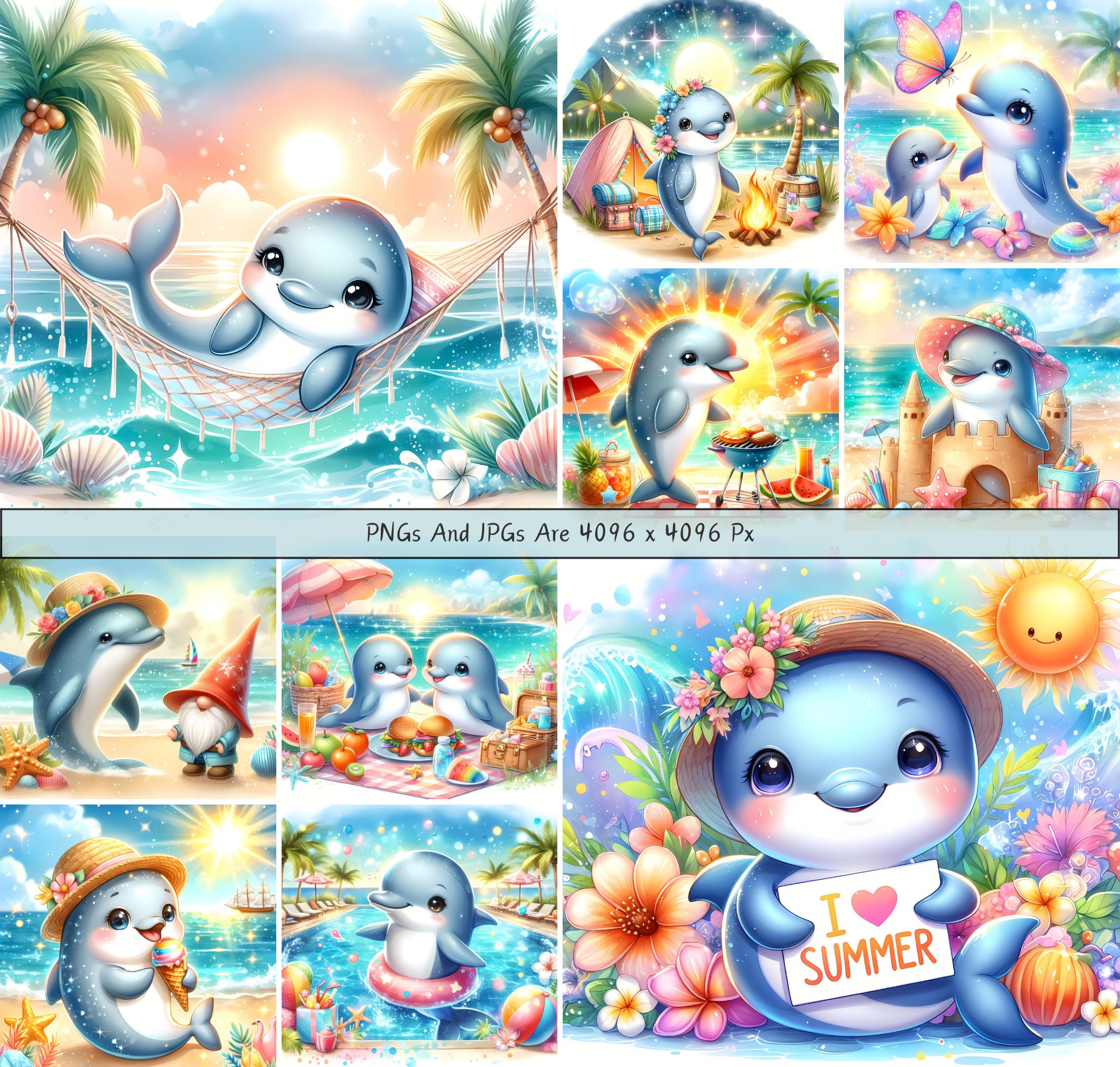 Cute Summer Dolphins Clipart Bundle, Watercolor Dolphin Clip Art Images ...
