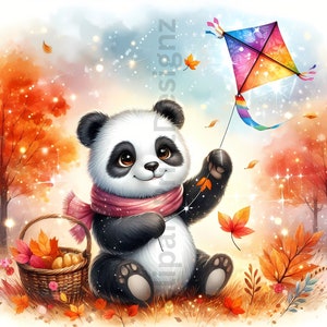 Cute Fall Pandas Clipart Bundle, Watercolor Panda Clip Art Images, High ...