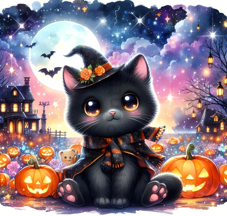 Cute Halloween Black Cats Clipart Bundle, Watercolor Cat Clip Art ...