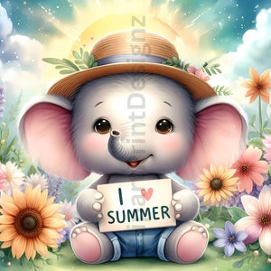 Cute Summer Elephants Clipart Bundle, Watercolor Elephant Clip Art ...
