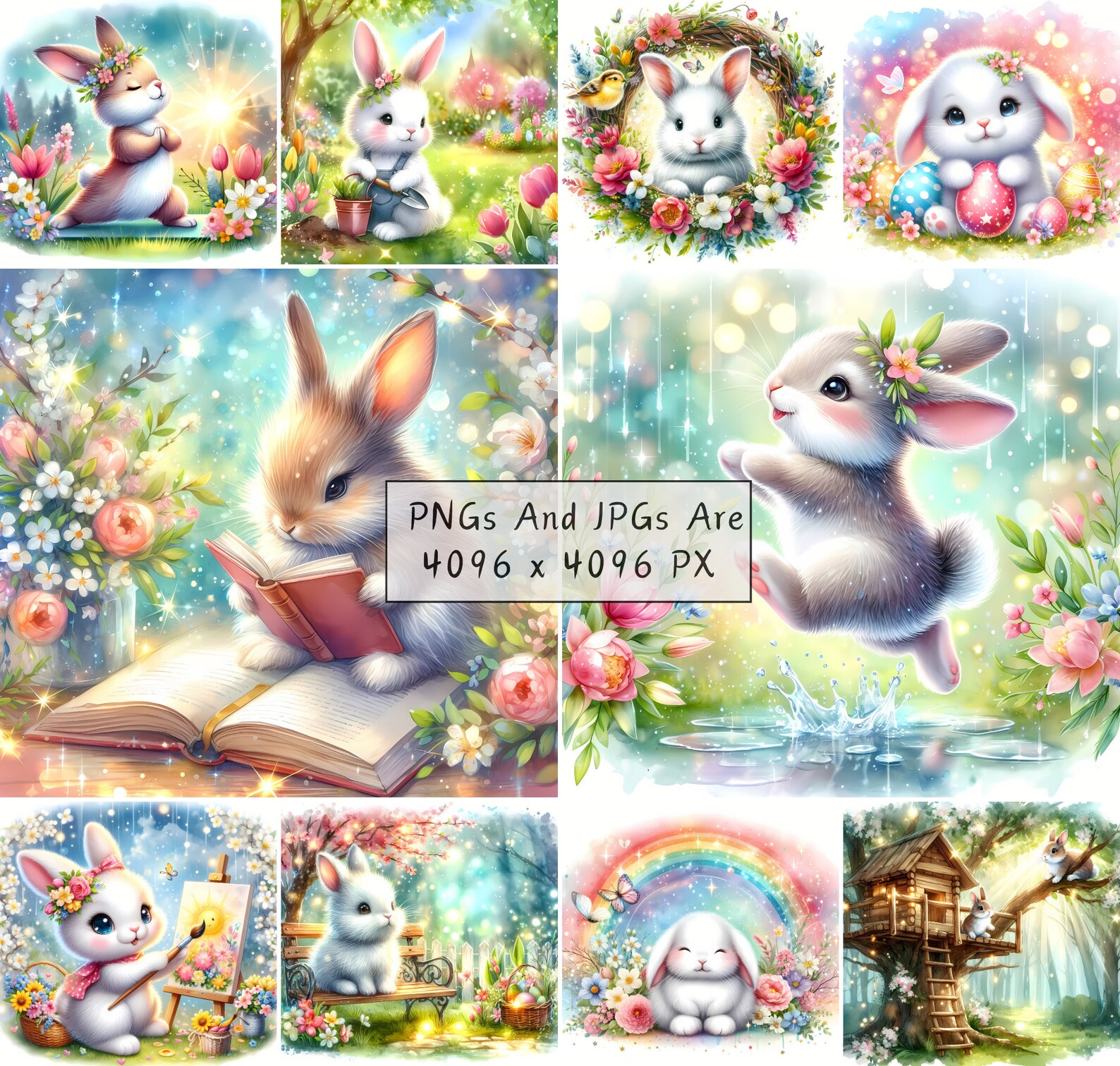 Cute Spring Bunny Clipart Bundle, Watercolor Clip Art Images, 20 High ...